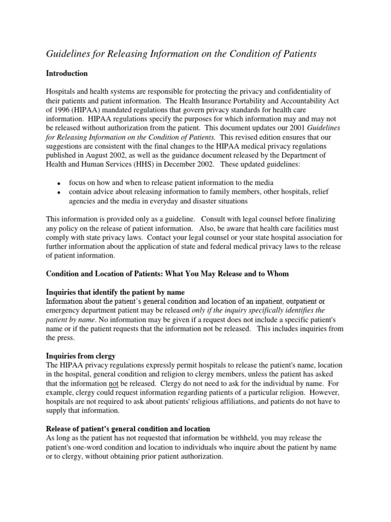 Guidelines For Releasing Information On The Condition of Patients ...