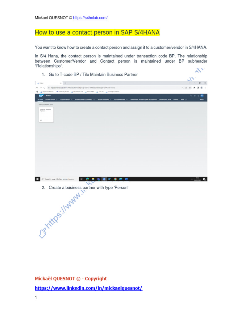 GU - SAP S4 HANA - 2576618 - How To Use A Contact Person in SAP S4HANA ...