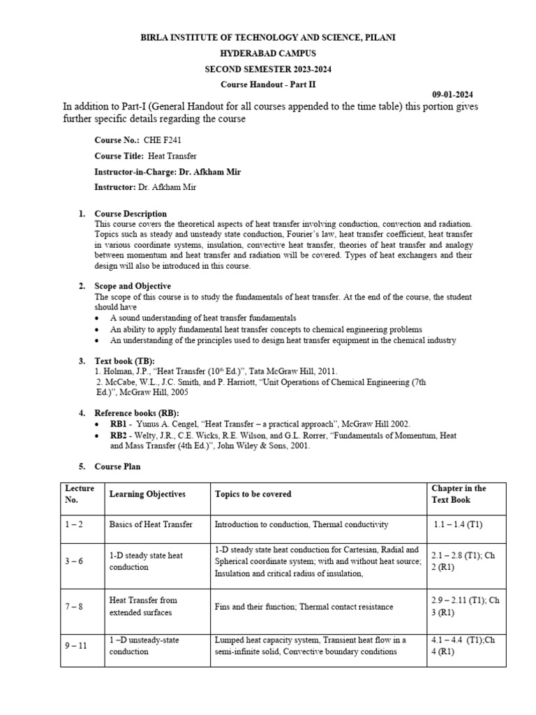 CHE F241 HT Course Handout - Afkham | PDF | Boundary Layer | Fluid Dynamics