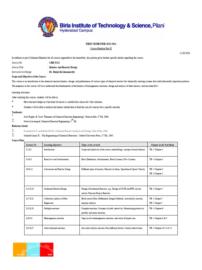 Che F311 Kinetics Reactor Design - Handout | PDF | Chemical Reactor | Catalysis