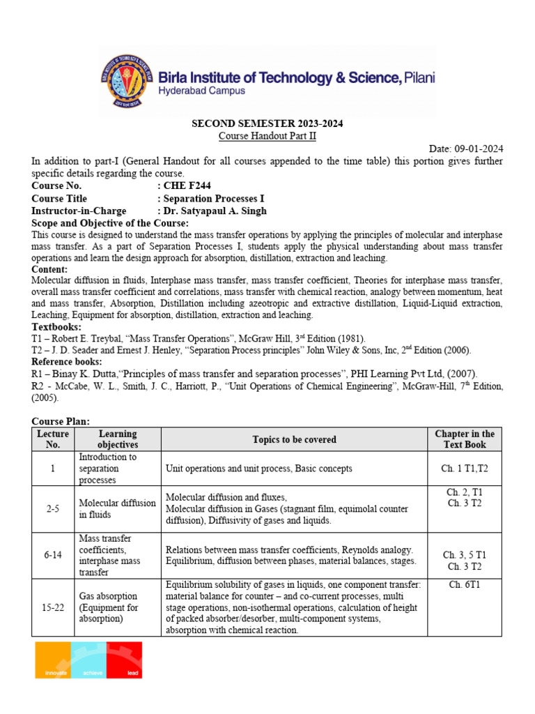 CHE F244-SP I - Course Handout - Satyapaul | PDF | Distillation | Mass Transfer