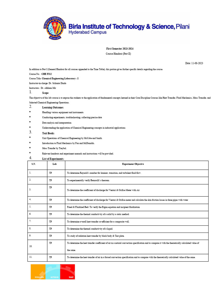 Che F312 Chemical Engg Lab I - Handout | PDF | Heat Transfer | Heat