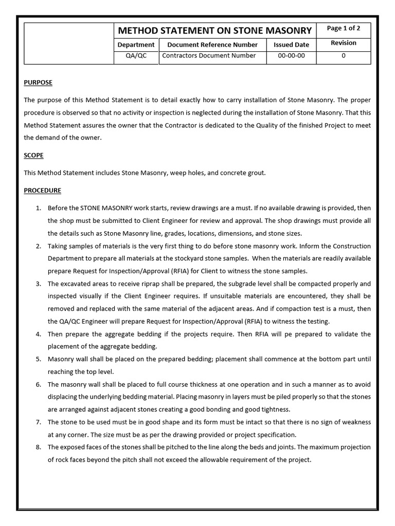 Method Statement On Stone Masonry | PDF | Mortar (Masonry) | Masonry