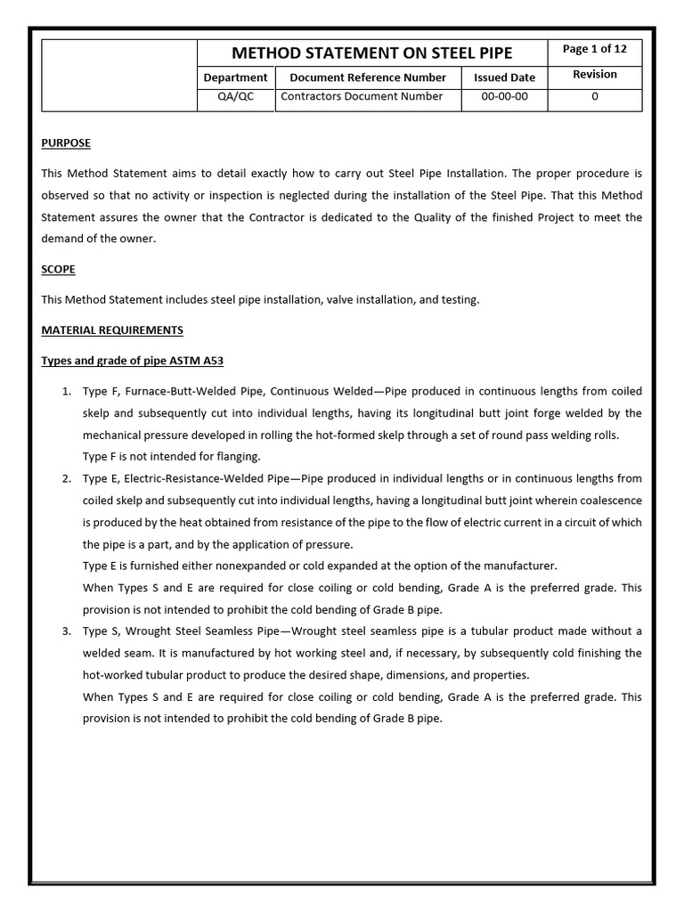 Method Statement On Steel Pipe | PDF | Pipe (Fluid Conveyance) | Welding