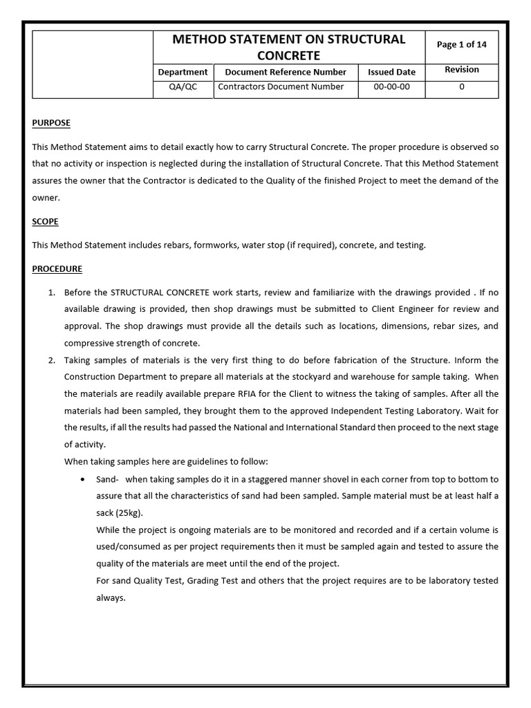 Method Statement On Structural Concrete | PDF | Concrete | Quality Assurance