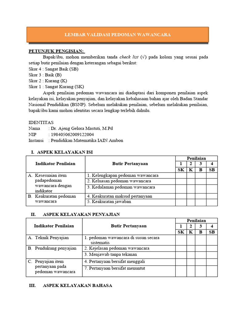 Lembar Validasi Pedoman Wawancara | PDF