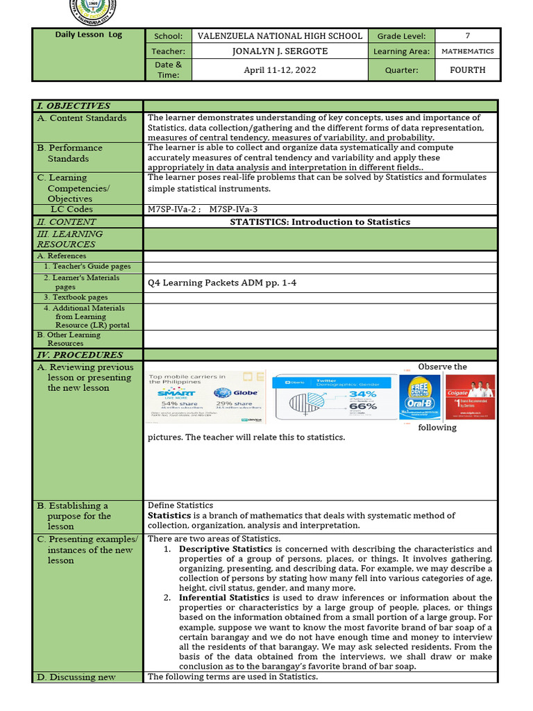 DLP Q4 W1 Math 7 | PDF | Level Of Measurement | Statistics