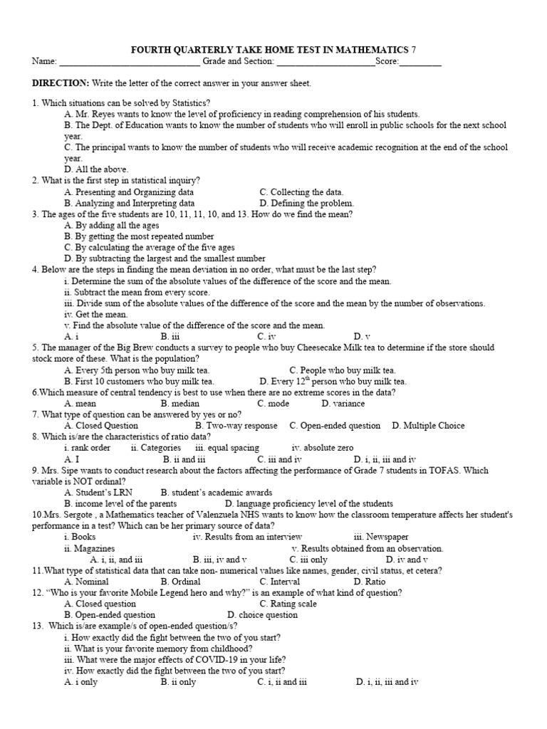 Fourth Quarterly Summative Test in Mathematics 7 | PDF | Mean ...