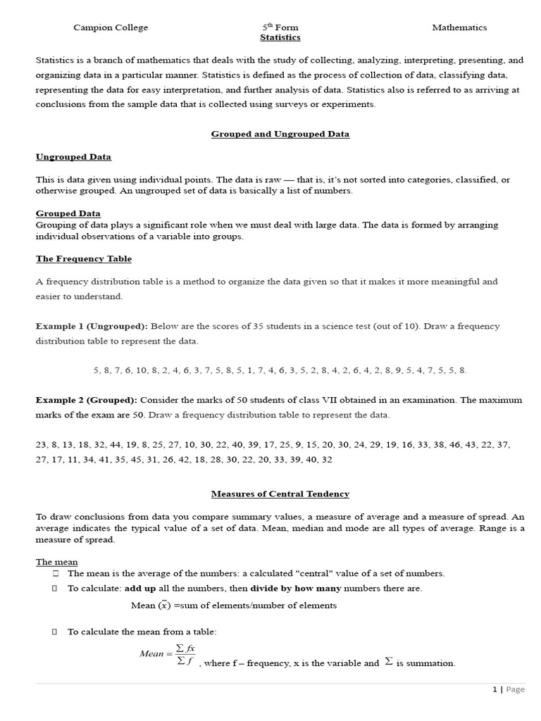 Statistics - 4th Form 2023 | PDF | Mean | Statistics