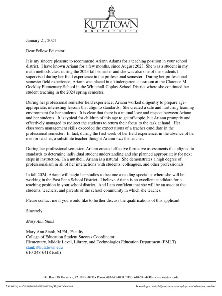Rec Letter For Ariann Adams | PDF | Teachers | Behavior Modification