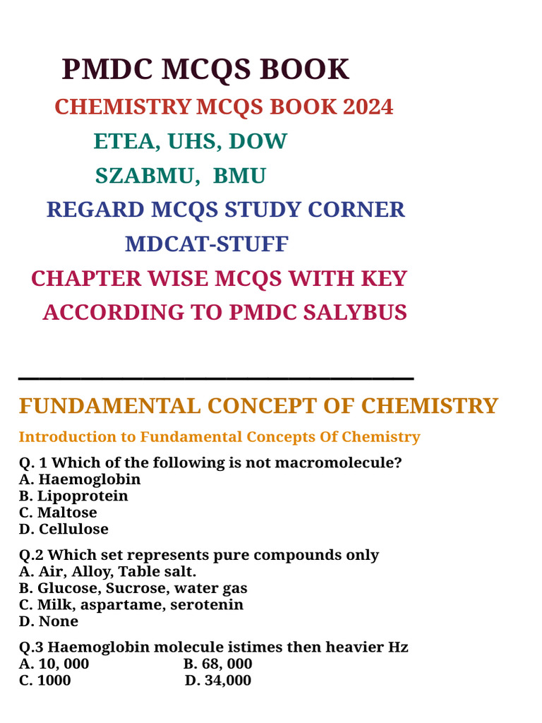 PMDC Chemistry MCQs Study Guide 2024 | PDF | Alkene | Ethanol