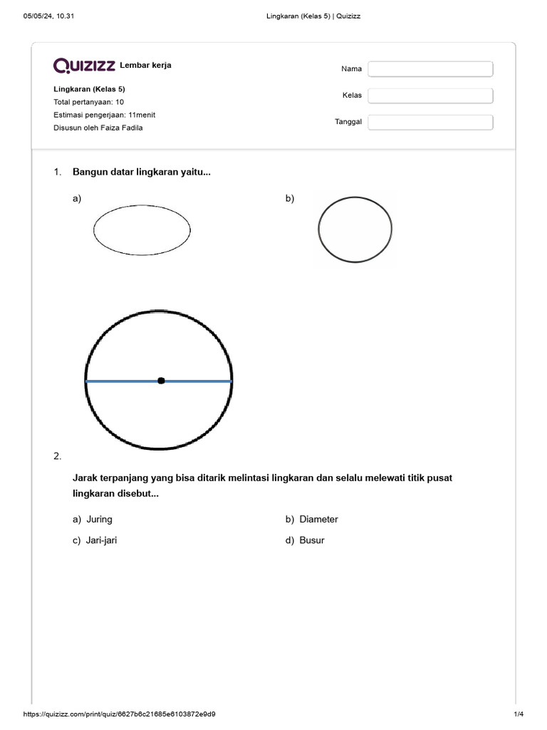 Lingkaran (Kelas 5) - Quizizz | PDF | Metode & Bahan Ajar