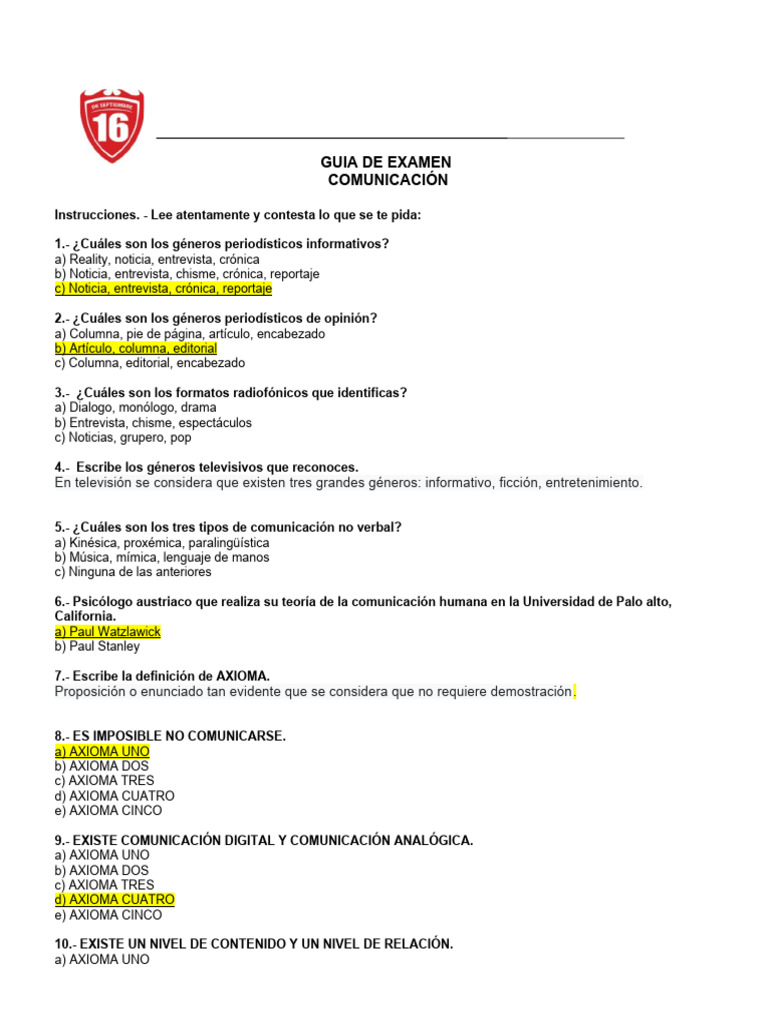 Guía De Examen Sobre Comunicación Pdf Comunicación Axioma