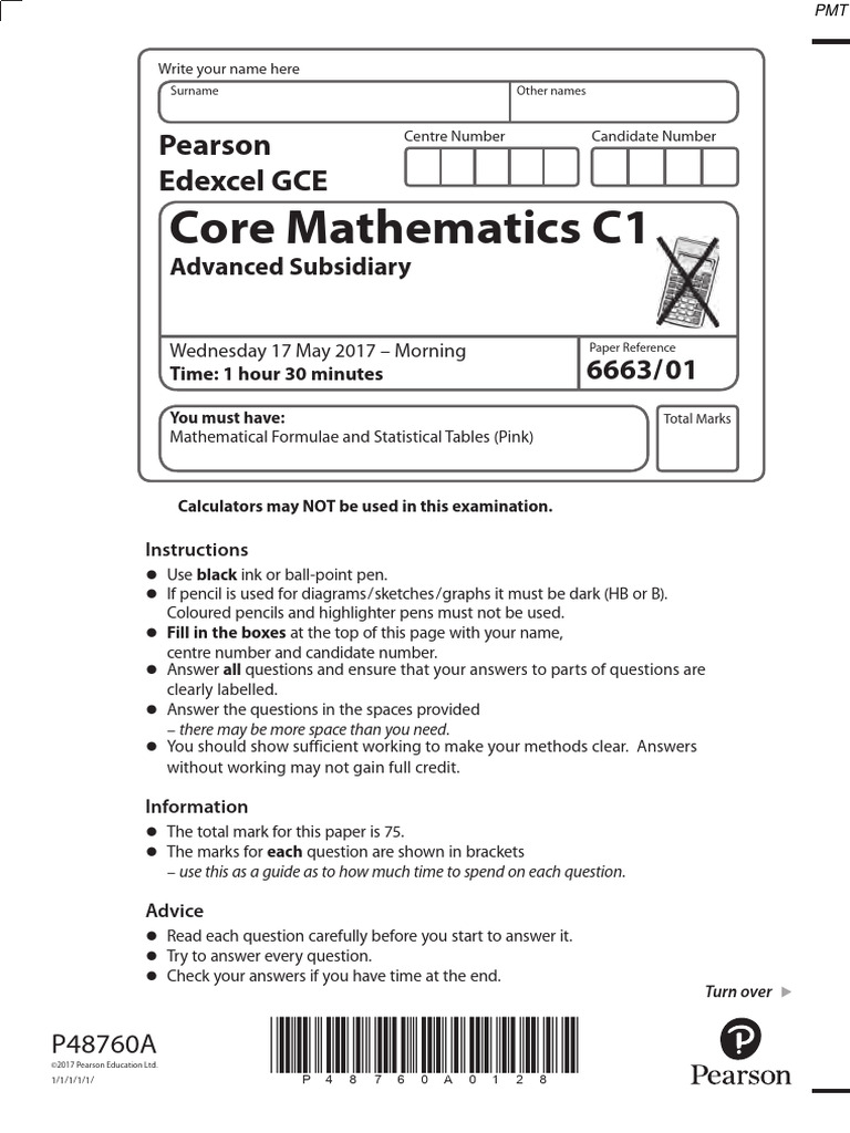 Edexcel GCE Core Mathematics C1 Exam | PDF | Mathematics | Mathematical ...