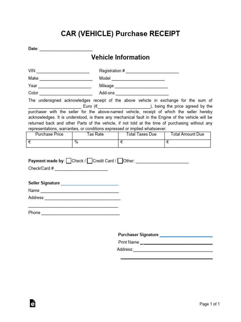 Car Vehicle Sales Receipt Template | PDF