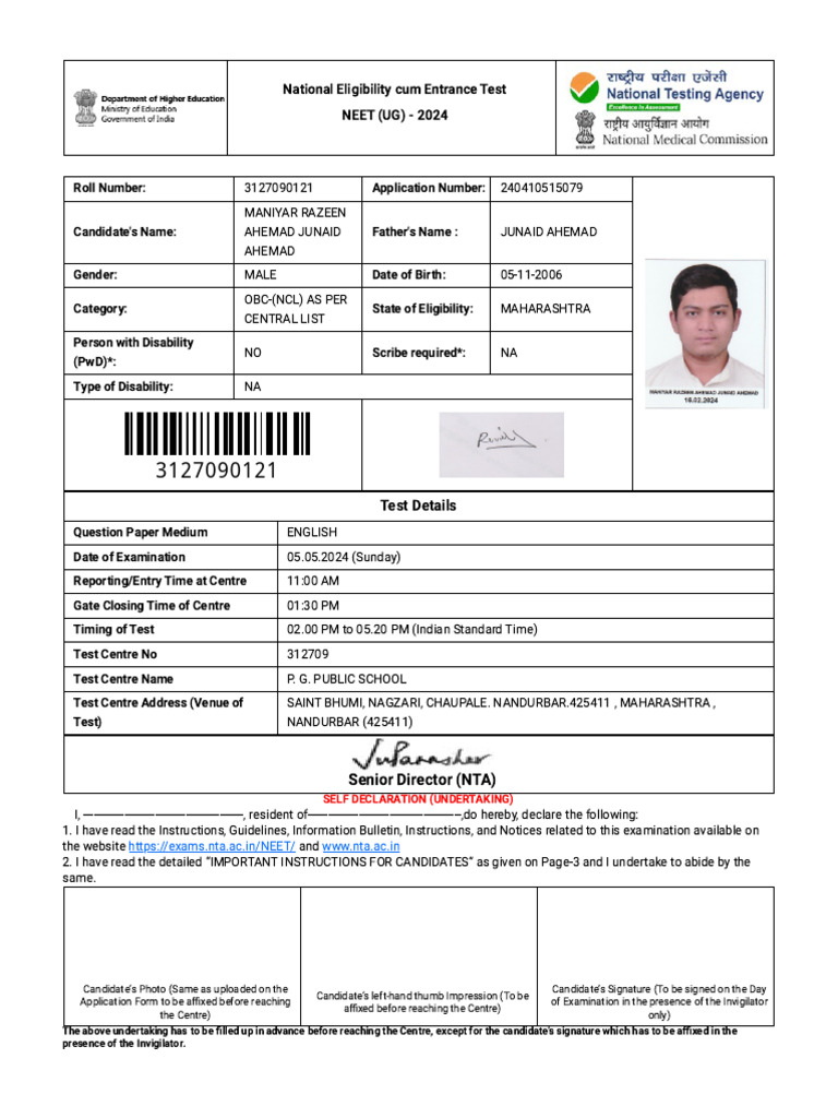 NEET (UG) 2024 Admit Card Details | PDF | Identity Document