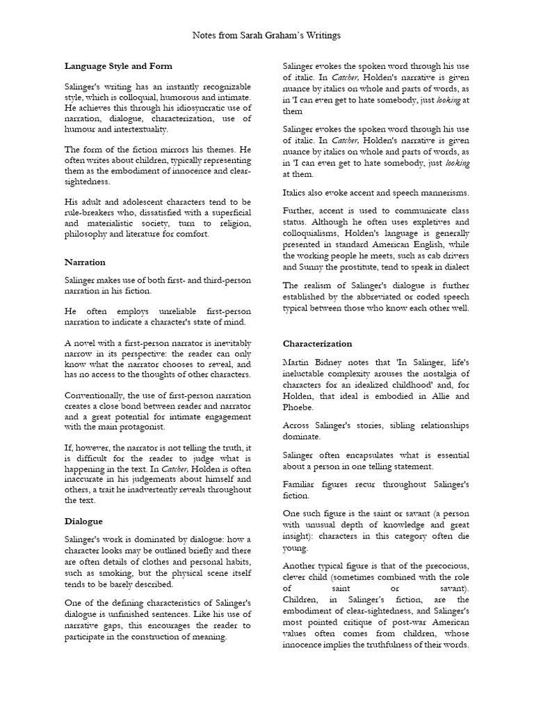 Catcher - Notes On Language, Style and Form | PDF | Narration | J. D ...