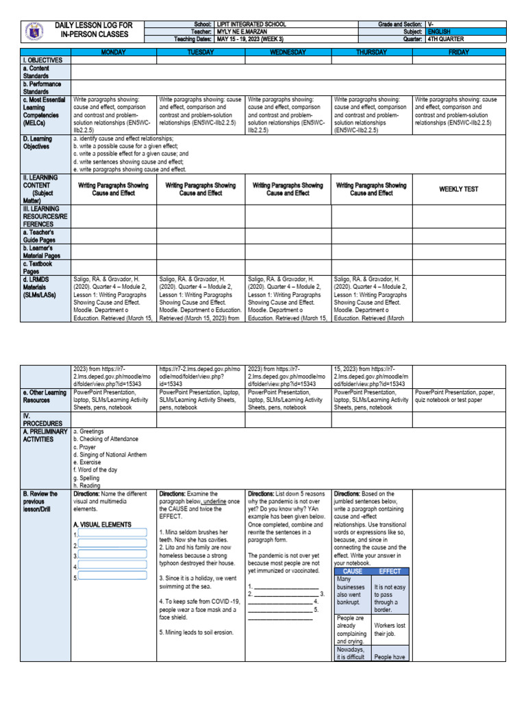 G5 Q4W3 DLL ENGLISH (MELCs) | PDF | Learning | Causality