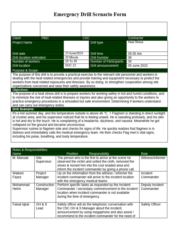 NOC 23 Heat Stress Emergency Drill Scenario (Rev 00) | PDF ...