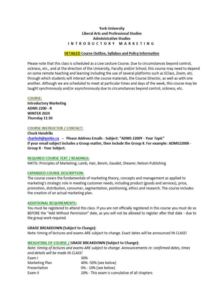 ADMS 2200 Marketing Syllabus | PDF | Turnitin | Marketing