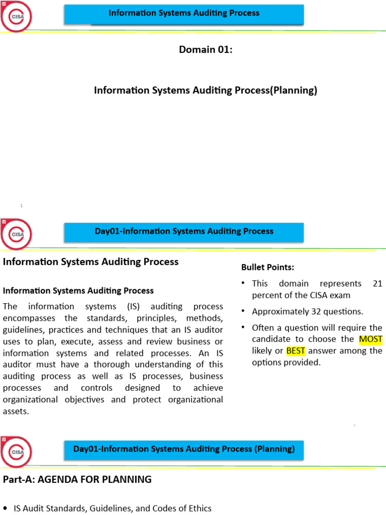 d1 - CISA - Domain 01 - Day-1 - Information Systems Auditing Process (Planning) | PDF | Audit ...