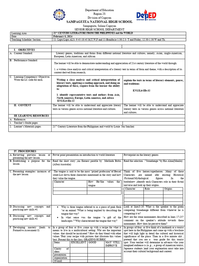 Grade 1 To 12 Daily Lesson Plan School G | PDF | Learning | Lesson Plan