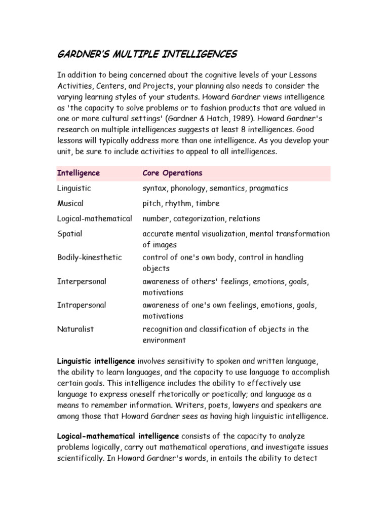 Gardner's Multiple Intelligences Guide | PDF | Intelligence | Cognitive ...
