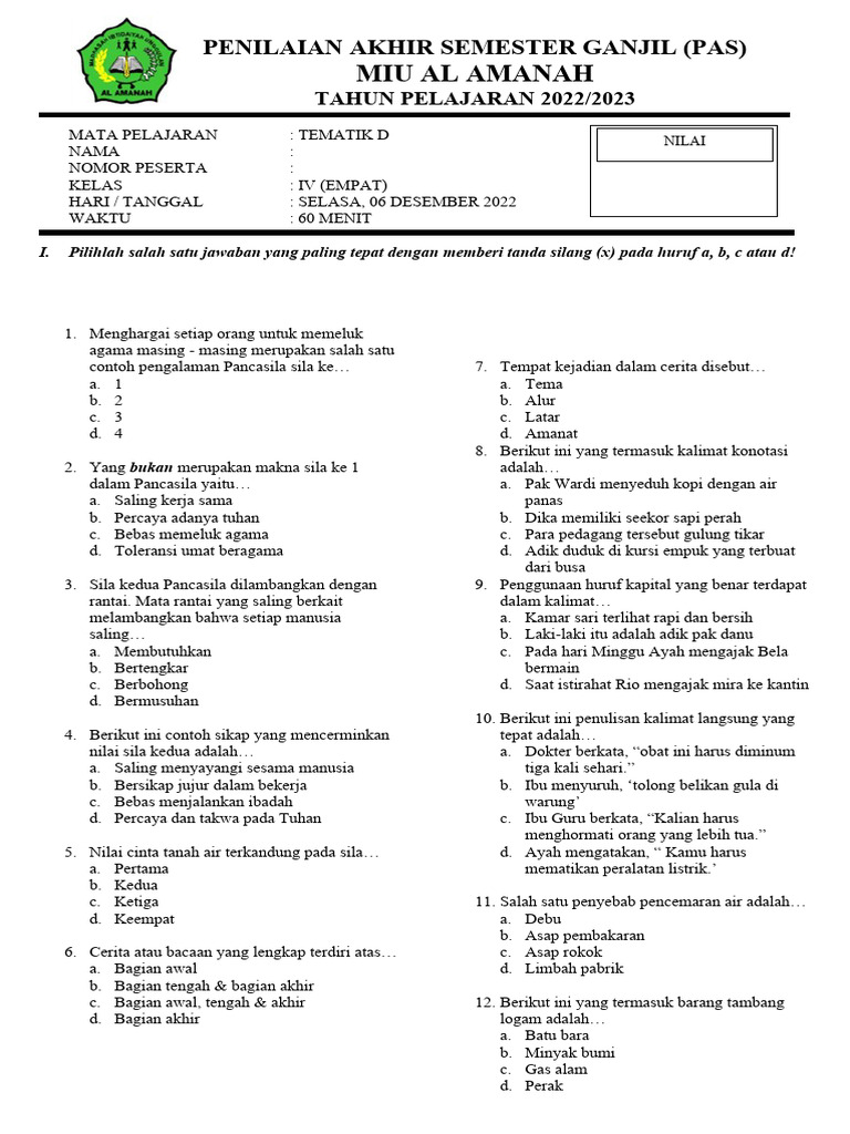 Soal Pas Tema D Kelas 4 | PDF