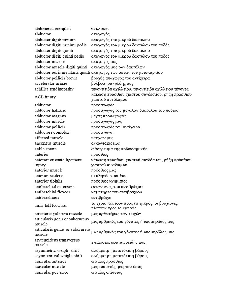 English-Greek Medical Glossary (Muscles) | PDF