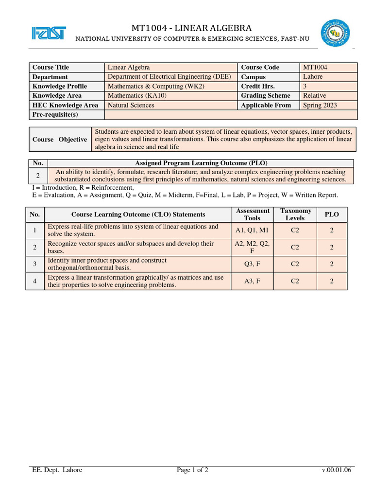 MT1004 Linear Algebra Course Outline | PDF | Matrix (Mathematics ...