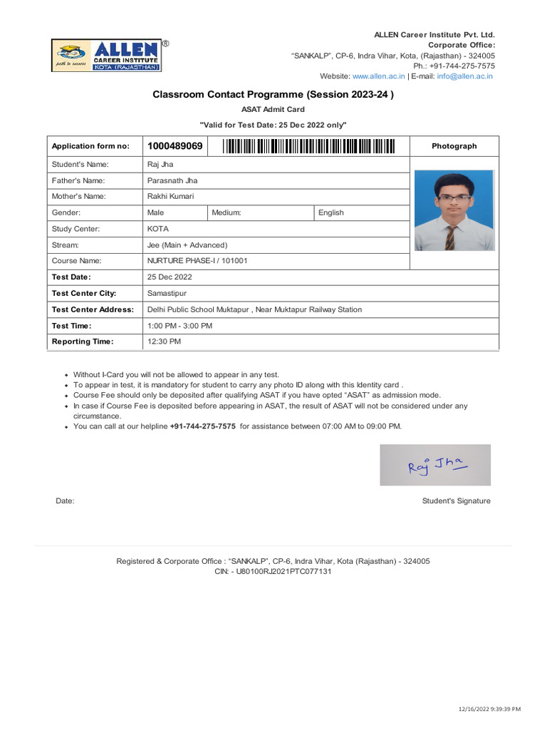 ASAT Admit Card for Raj Jha - 2023-24 | PDF | Access Control | Government And Personhood