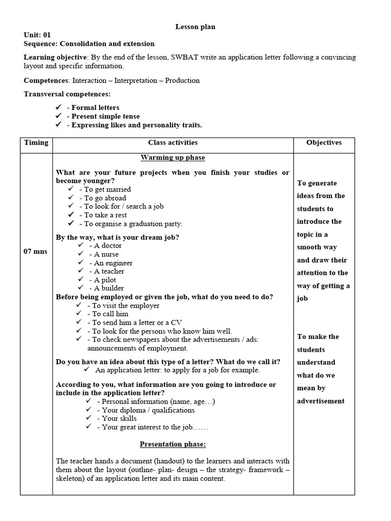 Application Letter Writing Lesson Plan | PDF | Cognition | Learning