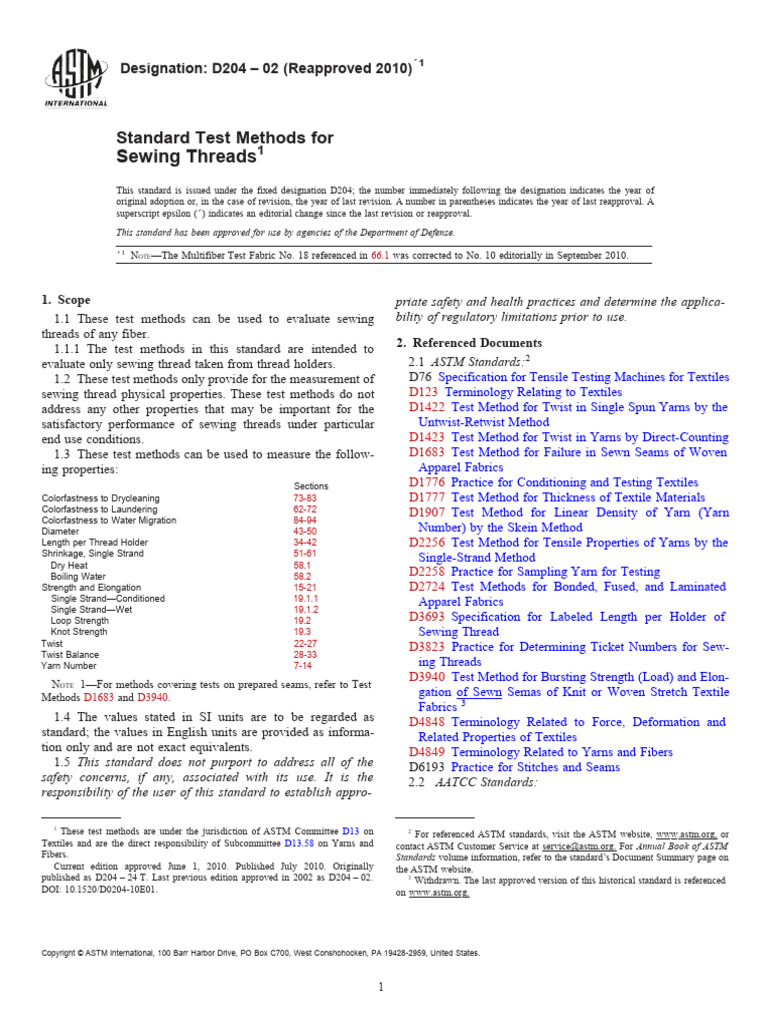 Astm-D 204 | PDF | Yarn | Textiles