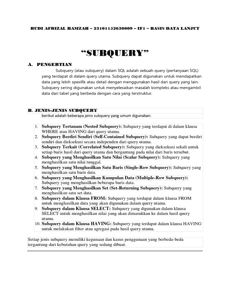 Pengantar Subquery dalam SQL | PDF | Teknologi & Rekayasa