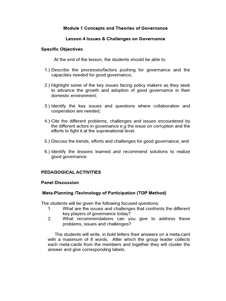 Lesson 4 - Module 1 Challenges of Governance | PDF | Globalization | Governance