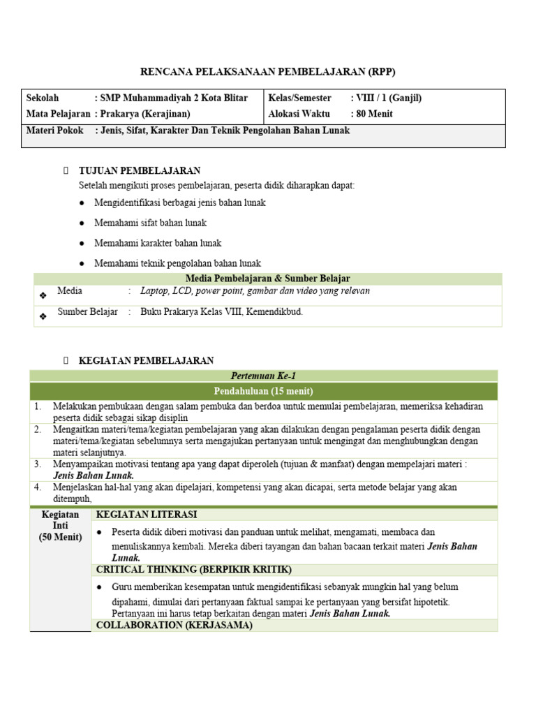 RPP 1 Lembar Prakarya (SMP Muh 2) | PDF | Sains & Matematika