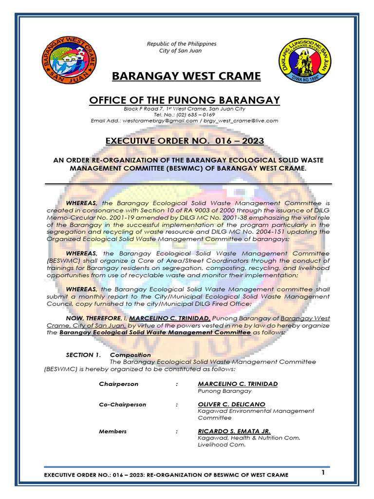 Eo - 016-2023 - Re-Organization of Beswmc | PDF | Waste Management ...