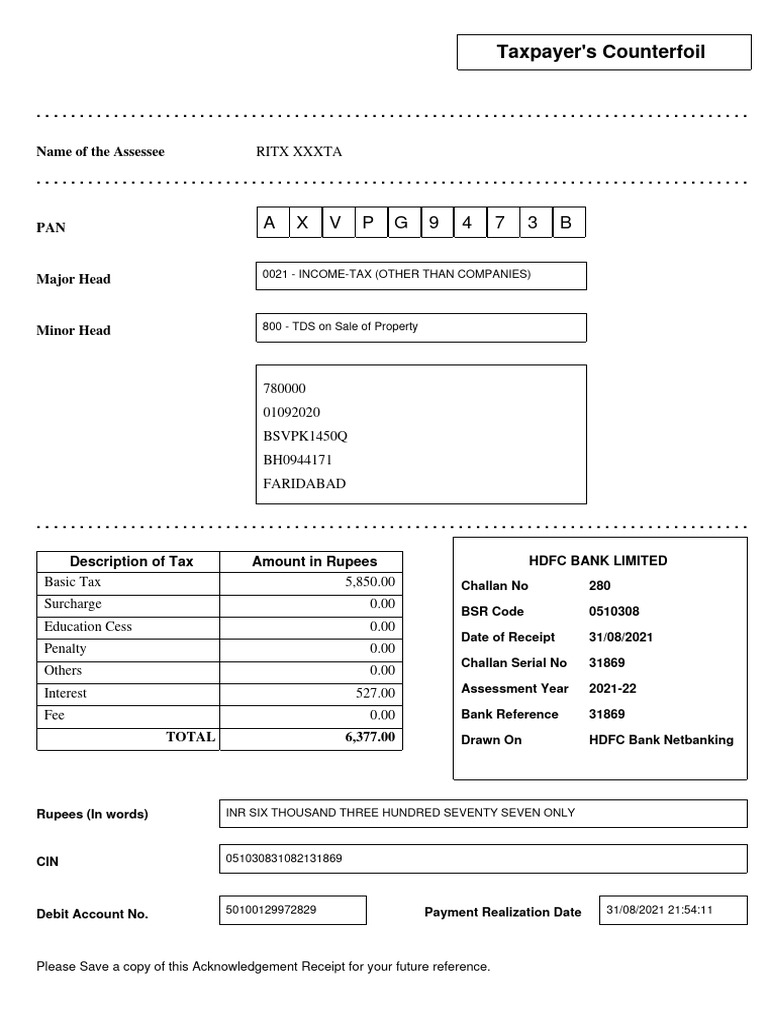 A X V P G 9 4 7 3 B: Taxpayer's Counterfoil | PDF
