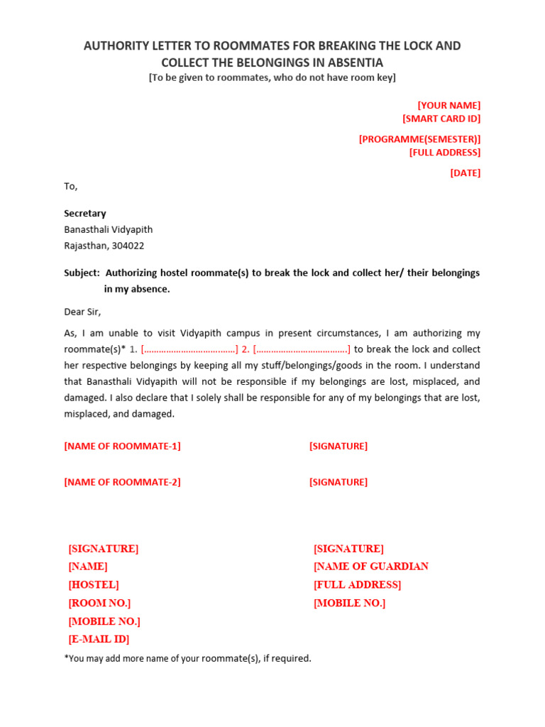 Authority Letter To Roommate For Lock Break | PDF