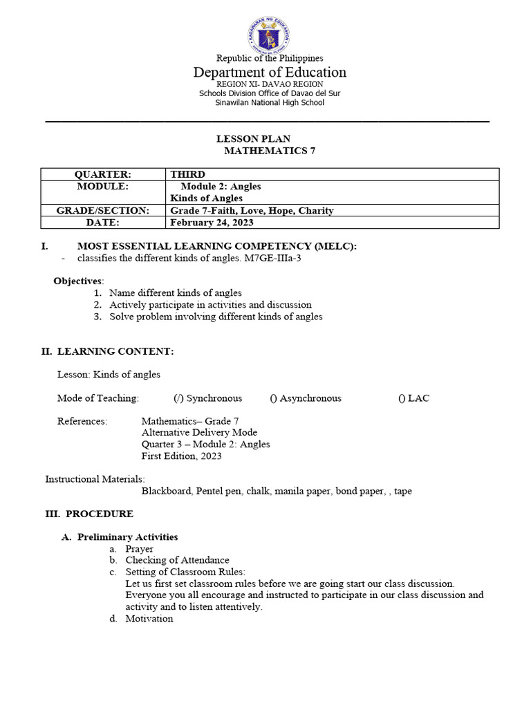 Math 7 3rd Quarter Module 2 Day 2 | PDF | Angle