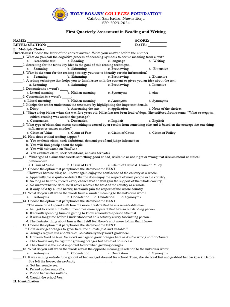 Reading and Writing Exam | PDF | Speed Reading