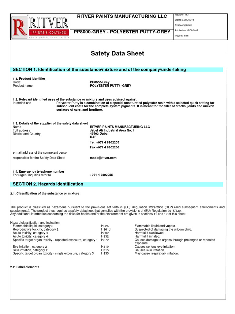 RITVER - SDS - PP8000-GREY - Polyester Putty-Grey | PDF | Toxicity ...