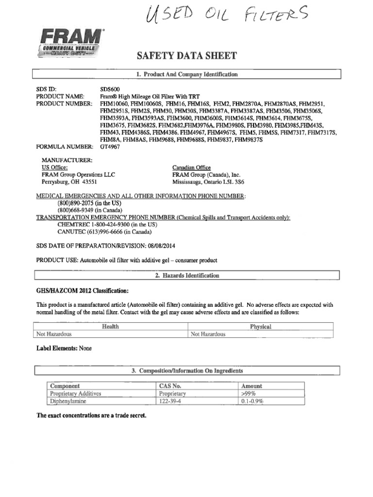 Used Oil Filters SDS | PDF