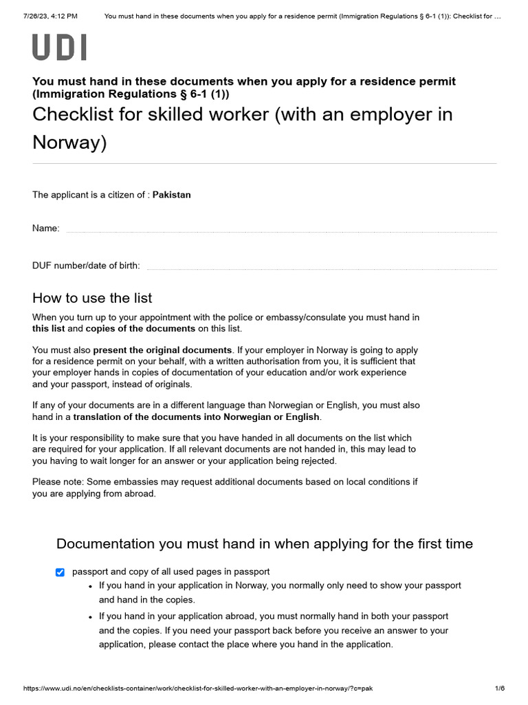 Checklist For Skilled Worker (With An Employer in Norway) - UDI | PDF | Passport | Employment