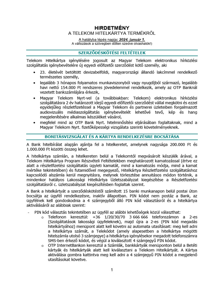 Hitelkartya H Telekom 20240101 | PDF
