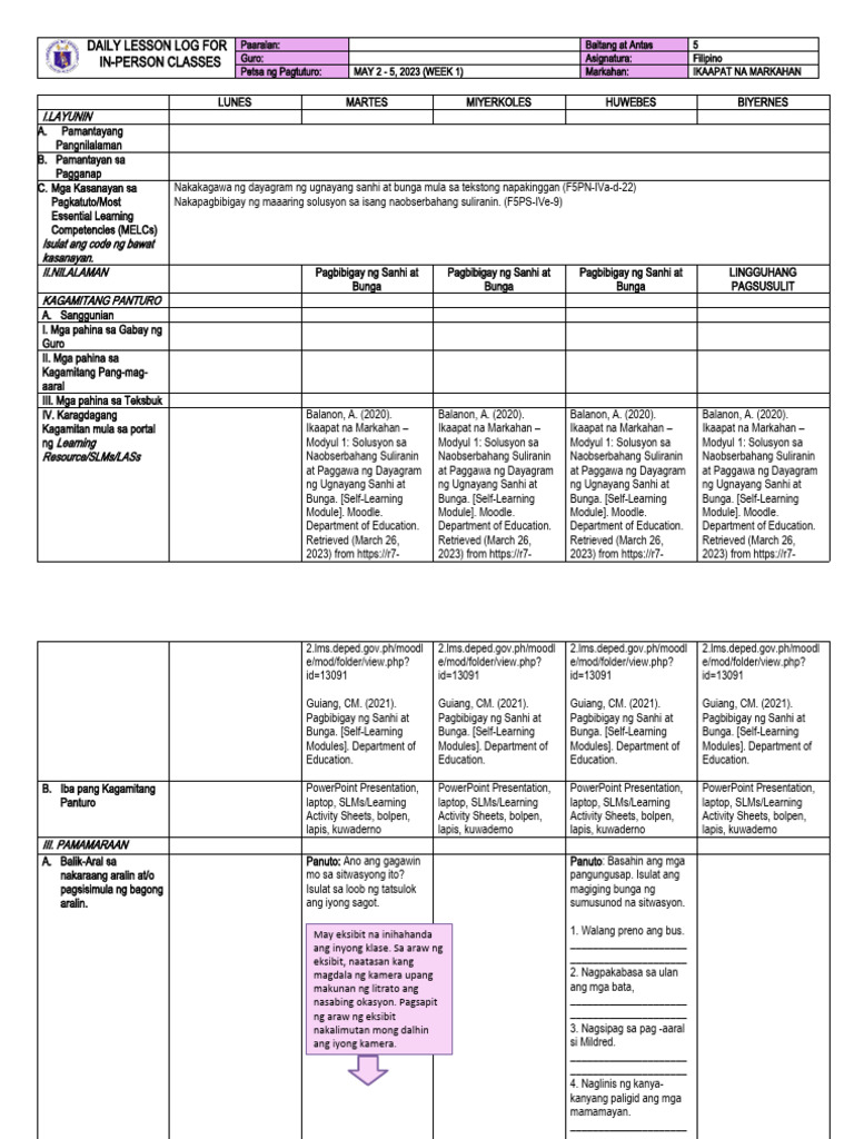 Daily Lesson Log For In-Person Classes: I.Layunin | PDF