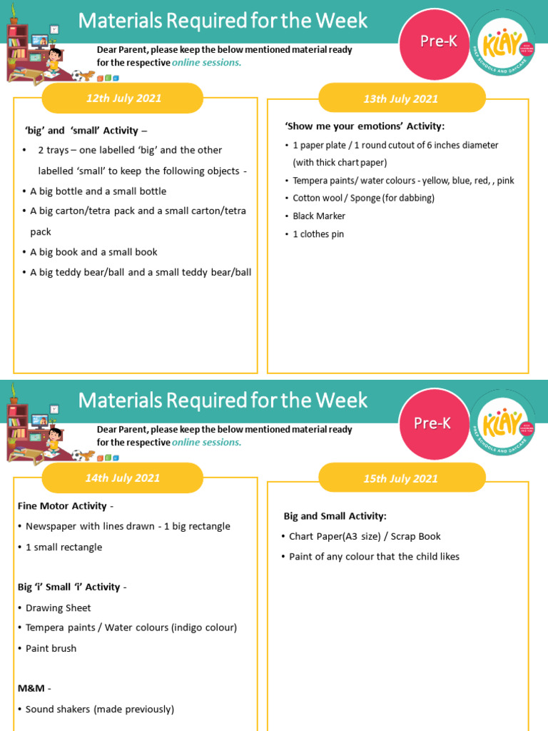 Pre-K Weekly Activity Materials List | PDF | Home & Garden