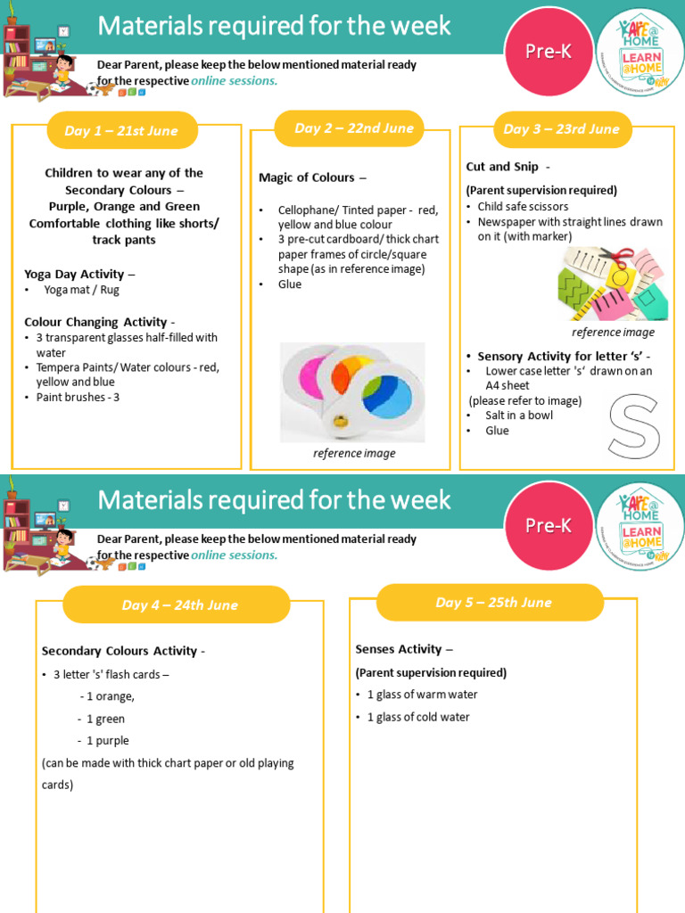 21st - 25th June - Session Materials Required For The Week - Pre-K ...