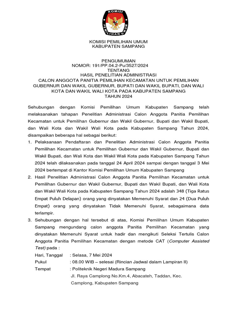 Pengumuman Hasil Penelitian Administrasi Calon Anggota Ppk Pilkada