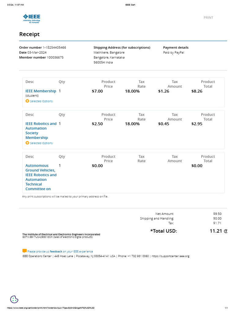 IEEE Membership Order Receipt | PDF | Institute Of Electrical And ...